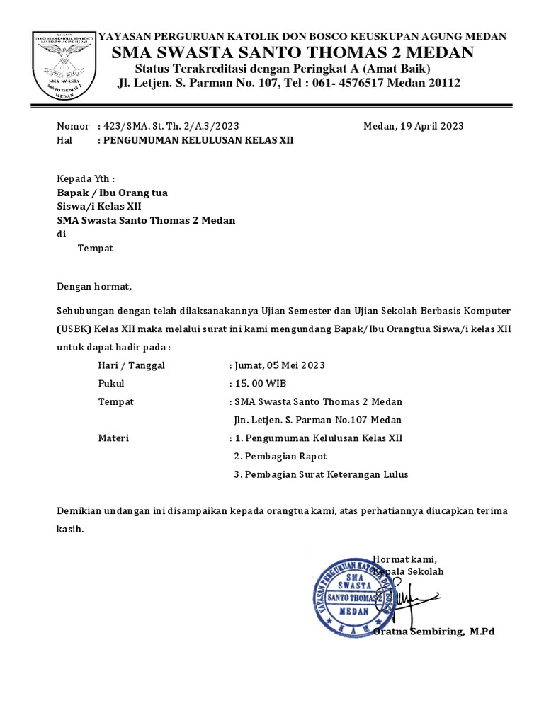 Sma Swasta Santo Thomas 2 Medan | PDF