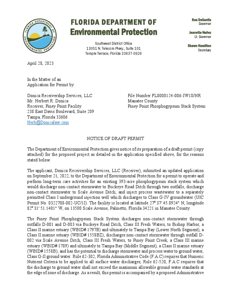 Florida Department of Environmental Protection Letter On Piney Point ...