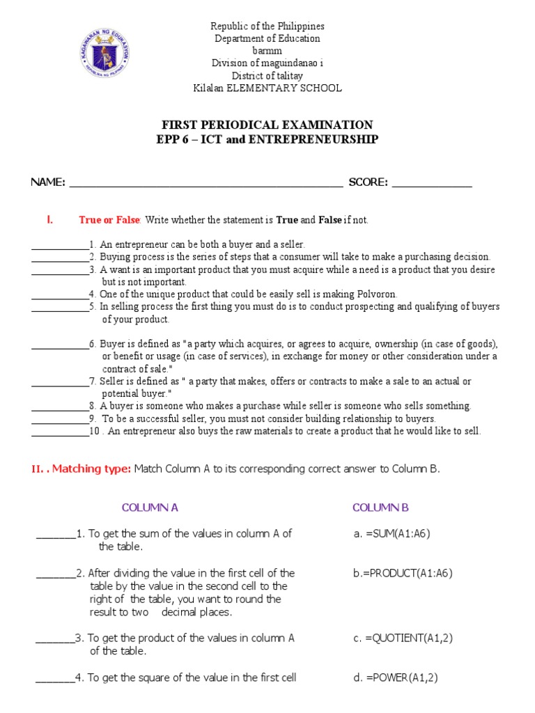 First Periodical Examination Epp 6 - Ict and Entrepreneurship | PDF | Sales | Wiki