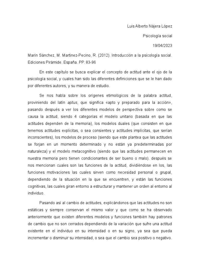 Cuarto Control de Lectura - Psicología Social | PDF | Psicología Social | Actitud (psicología)