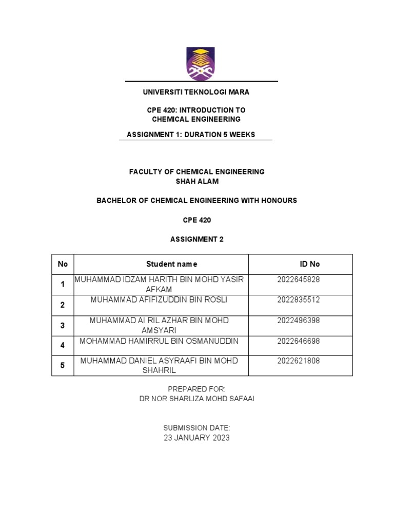 Universiti Teknologi Mara Cpe 420: Introduction To Chemical Engineering ...