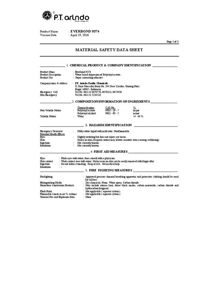 MSDS Glue | PDF | Water | Incineration