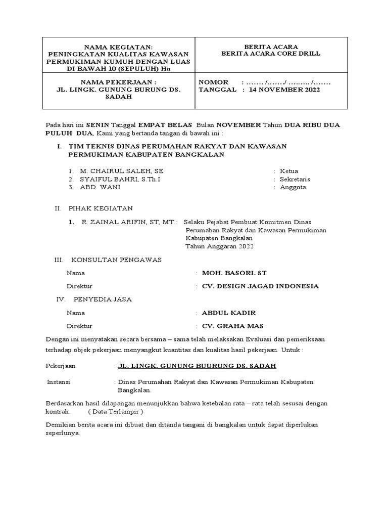 Berita Acara Core Drill Bangkalan | PDF