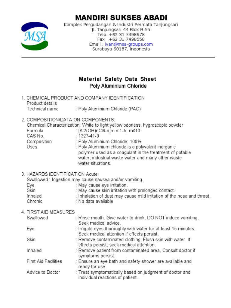MSDS Pac (Msa) | PDF | Water | Personal Protective Equipment