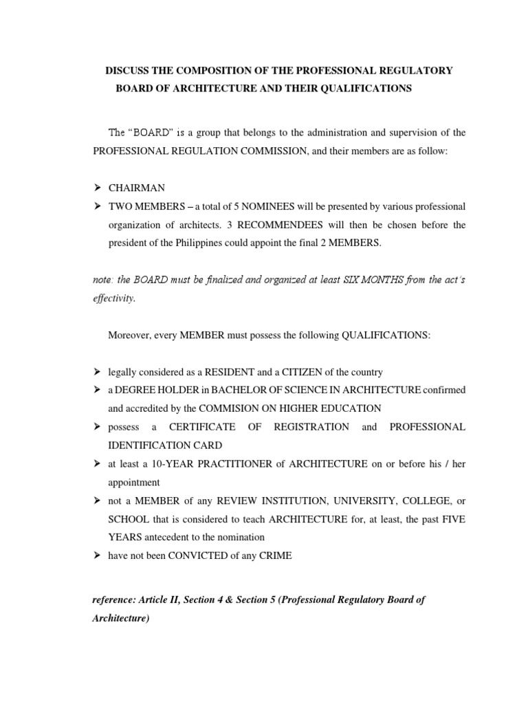 The Composition and Qualifications of the Professional Regulatory Board of Architecture and ...