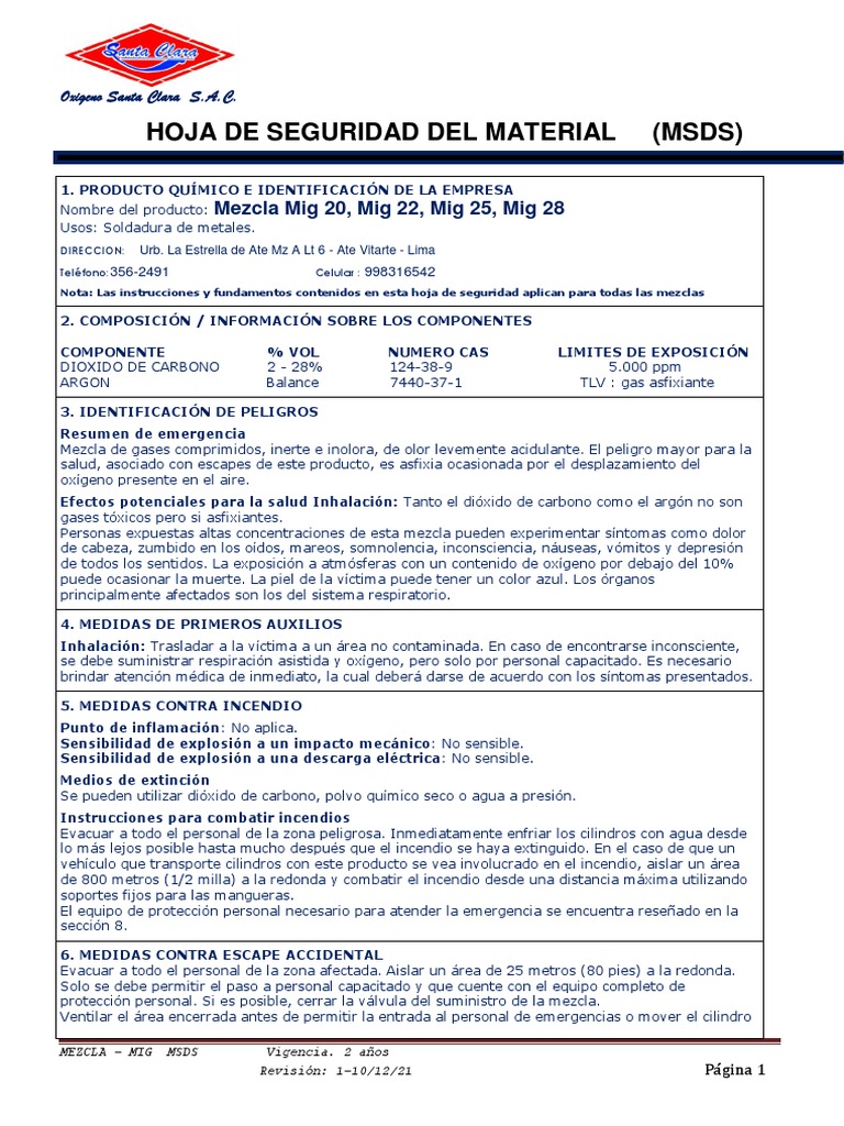 Hoja de Seguridad Del Material (MSDS) : Mezcla Mig 20, Mig 22, Mig 25, Mig 28 | PDF | Oxígeno ...