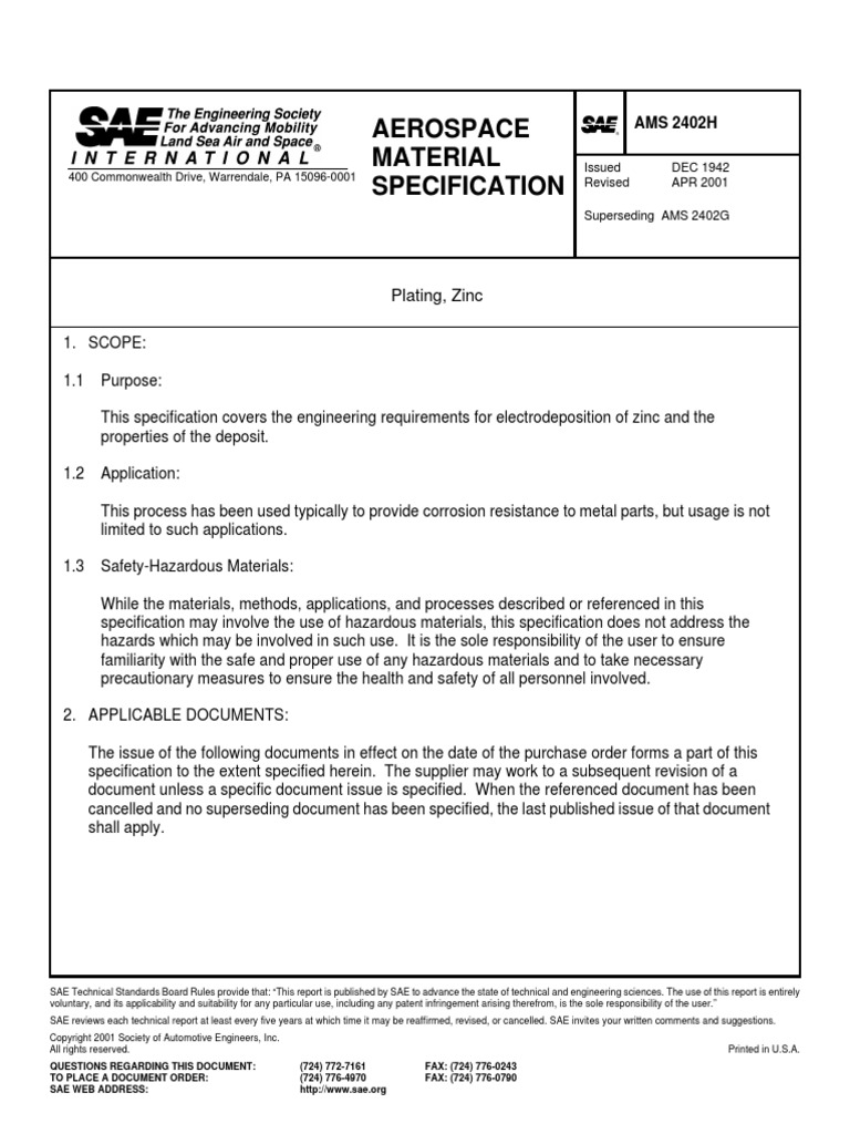 Aerospace Material Specification: Plating, Zinc | PDF | Screw | Corrosion