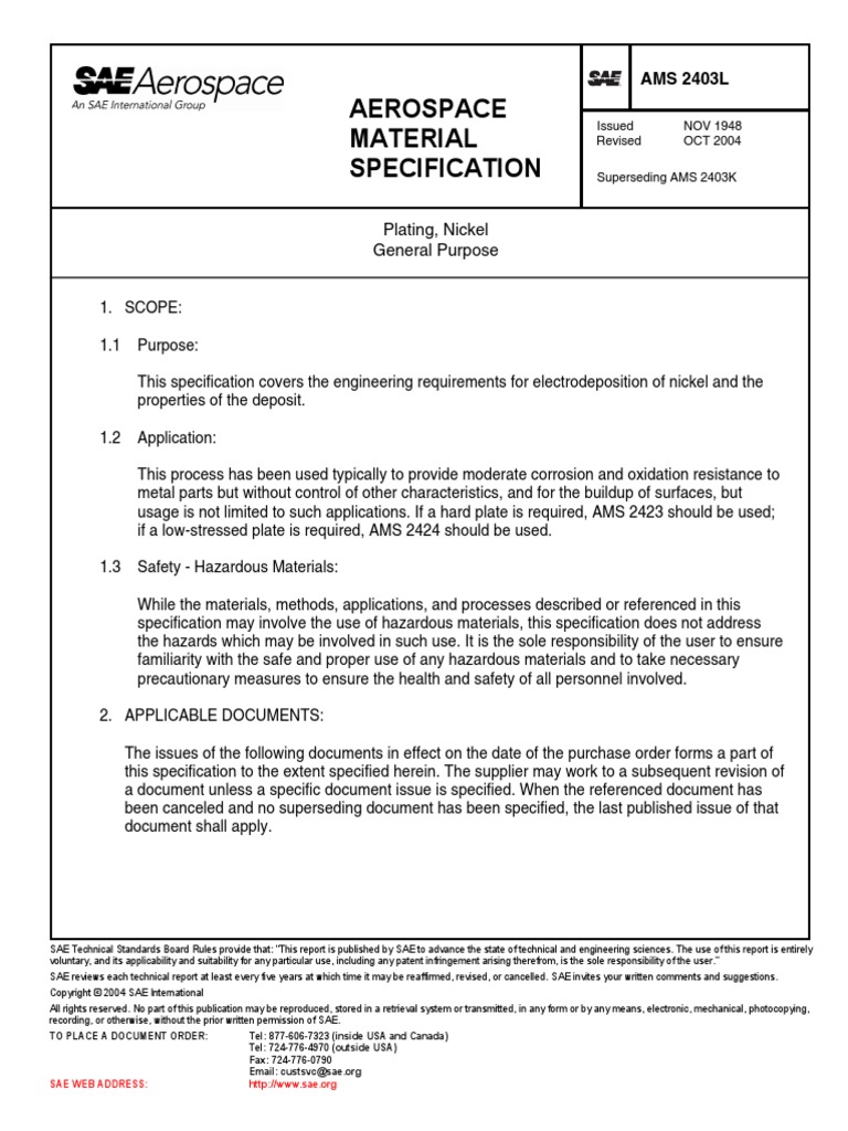 Aerospace Material Specification: Plating, Nickel General Purpose | PDF ...