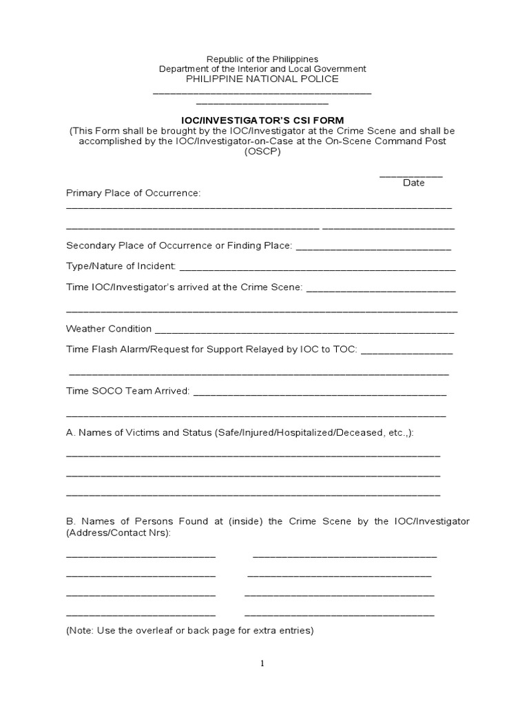 CSI Form 6 IOC - Investigators CSI Form | PDF | Crime Scene | Criminal Law