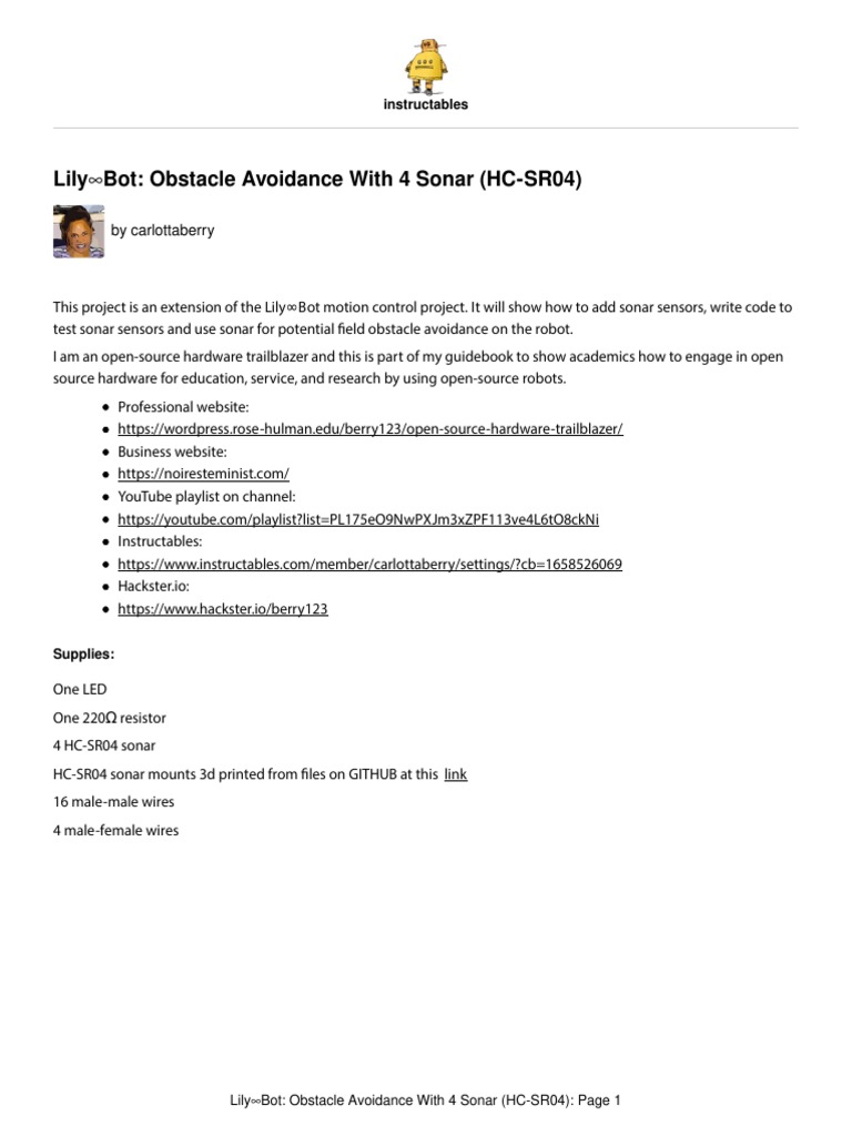 LilyBot Obstacle Avoidance Using 4 HC SR04 Sonar S | PDF | Arduino | Manufactured Goods