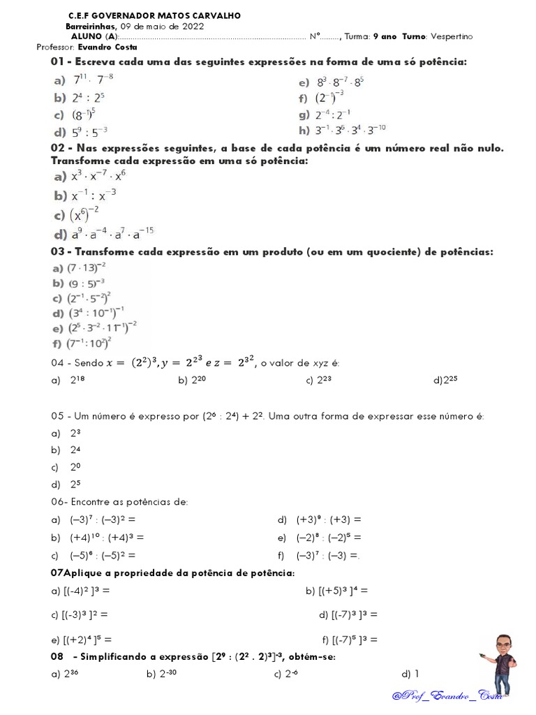 Atividades de Propriedades Das Potencias | PDF