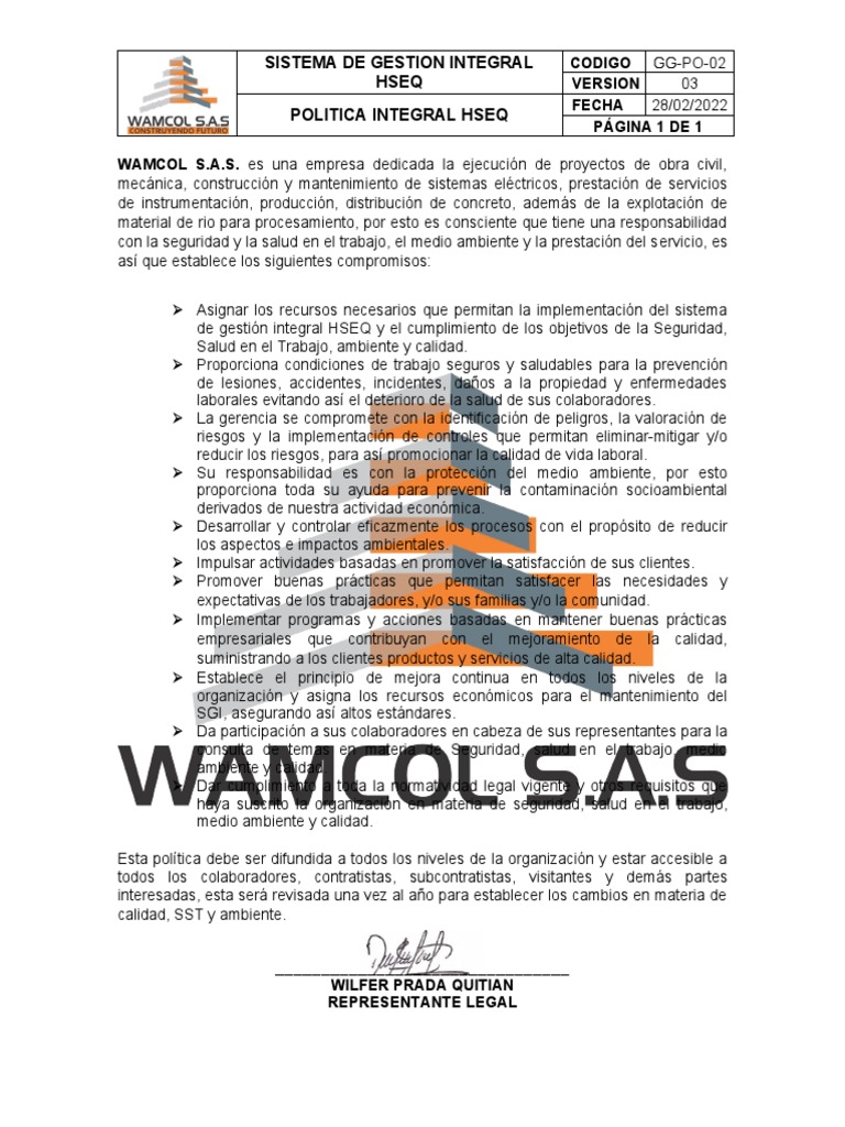 Sistema de Gestion Integral Hseq Politica Integral Hseq | PDF | Calidad (comercial) | Seguridad ...