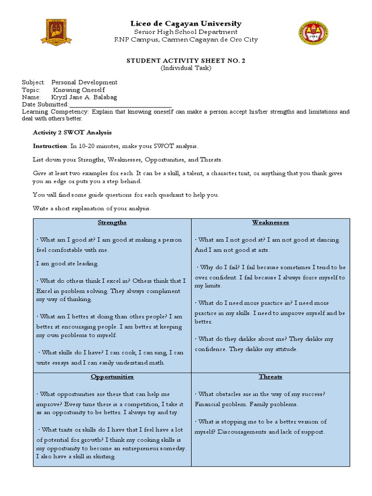 Personal Development SWOT Analysis Guide | PDF | Psychological Concepts ...