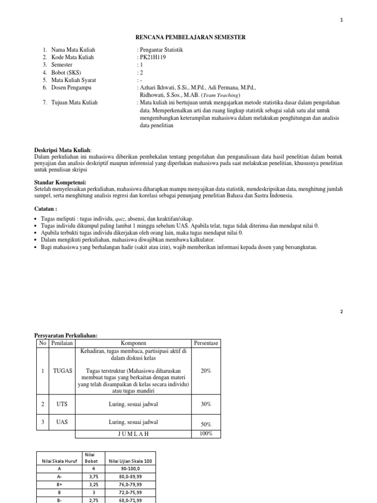RPS Pengantar Statistik Gasal 2022-2023 | PDF