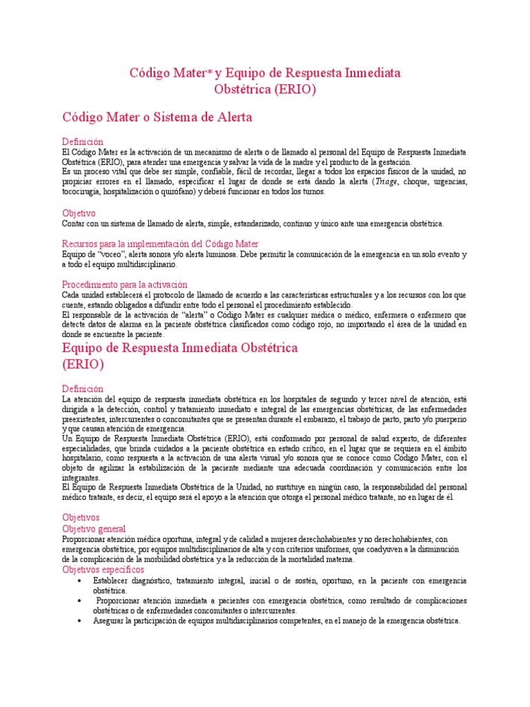 Código Mater y ERIO en Emergencias Obstétricas | PDF | Hospital ...