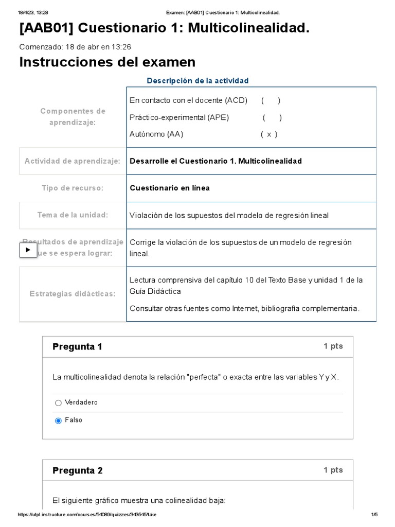 Examen - (AAB01) Cuestionario 1 - Multicolinealidad | PDF | Multicolinealidad | Análisis de ...