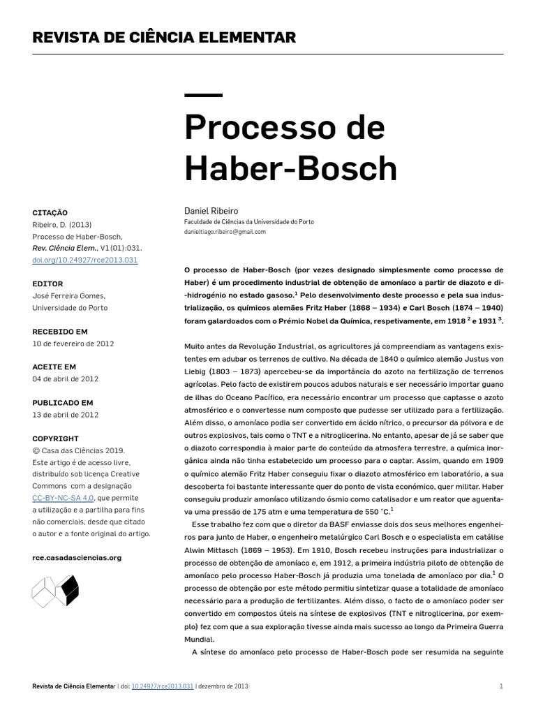 Processo de Haber-Bosch: Revista de Ciência Elementar Revista de ...