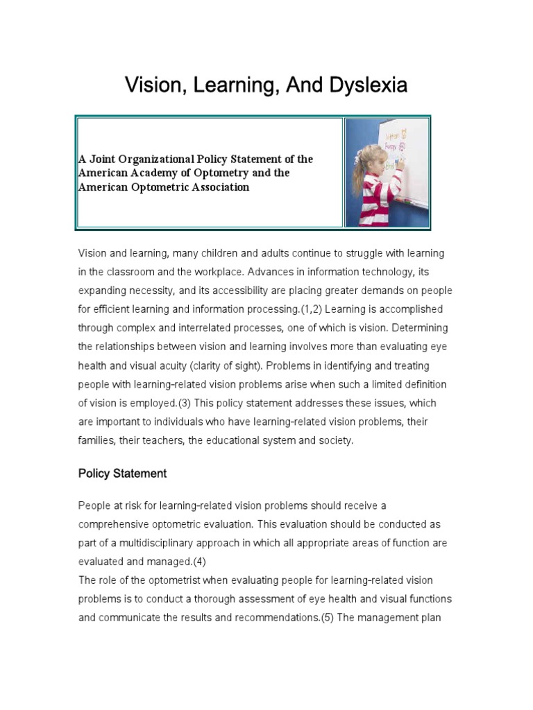 Vision, Learning, and Dyslexia: A Joint Policy Statement on the ...