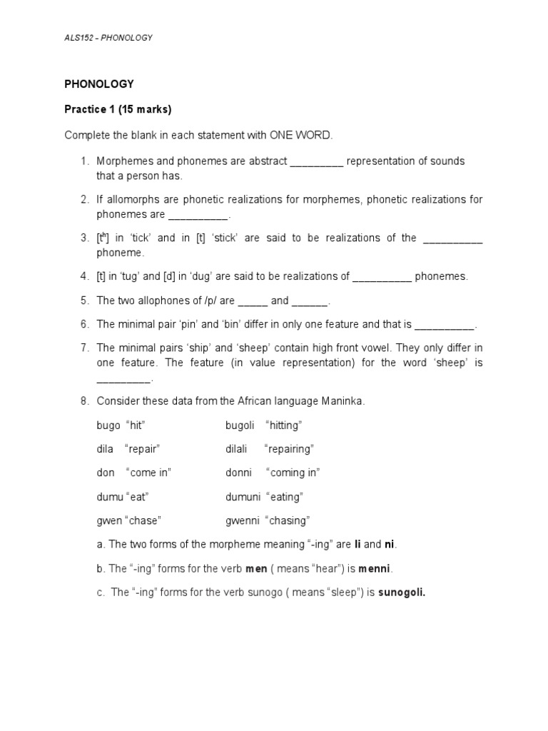 Phonology Practice: Identifying Morphemes, Phonemes, and Allophones | PDF