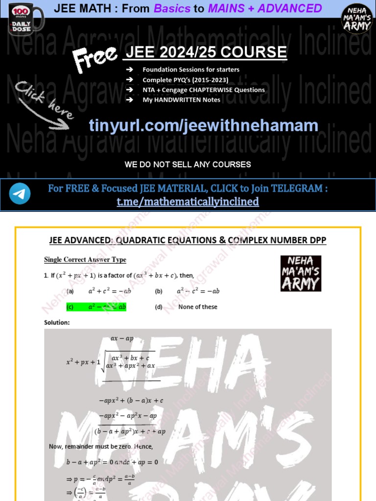 JEE Advanced: Quadratics & Complex Numbers | PDF | Equations | Complex ...