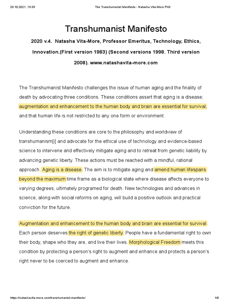 Vita-More - The Transhumanist Manifesto | PDF | Transhumanism | Cyborg