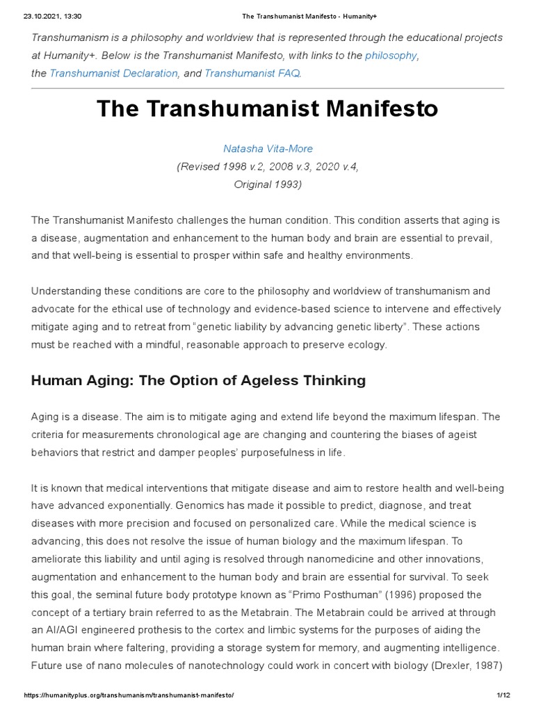 Transhumanist Manifesto Overview | PDF | Transhumanism | Posthuman