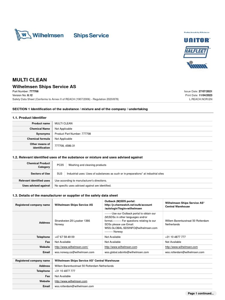 Multi Clean Safety Data Sheet | PDF