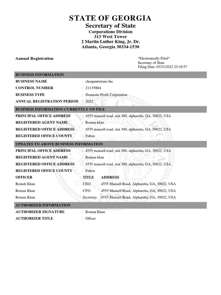 CheapAutoTrans Inc Annual Registration 2022 | PDF | Politics
