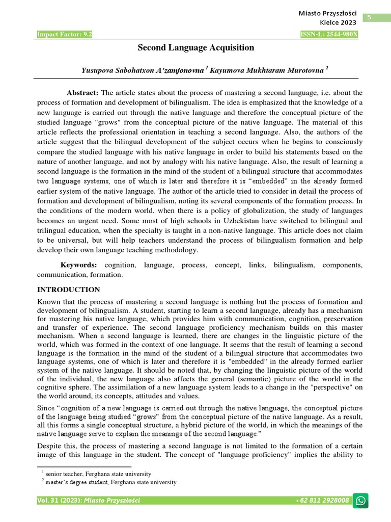 Second Language Acquisition: Yusupova Sabohatxon A'zamjonovna Kayumova Mukhtaram Murotovna | PDF ...