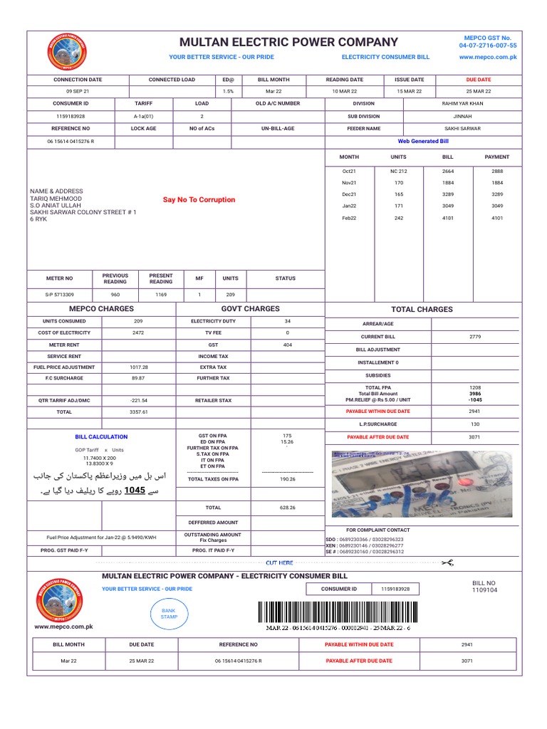 Analysis of an Electricity Bill from Multan Electric Power Company | PDF | Fee | Taxes