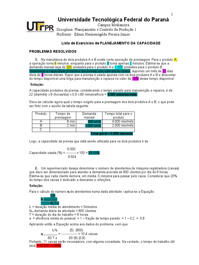 Lista de Exercícios II - PCP 1 - Capacidade | PDF | Demanda | Planejamento