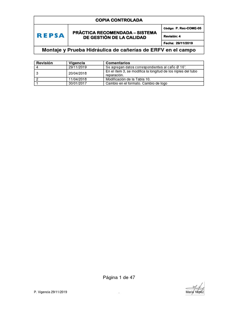 P Rec-COME-05 Rev4 - Montaje y PH de Cañerías de ERFV en El Campo | PDF ...