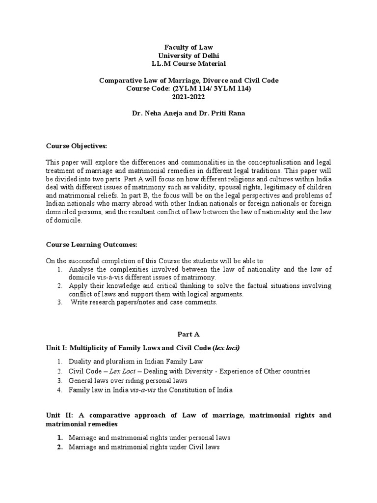 YLM-114 Comparative Law of Marriage, Divorce and Civil Code | PDF