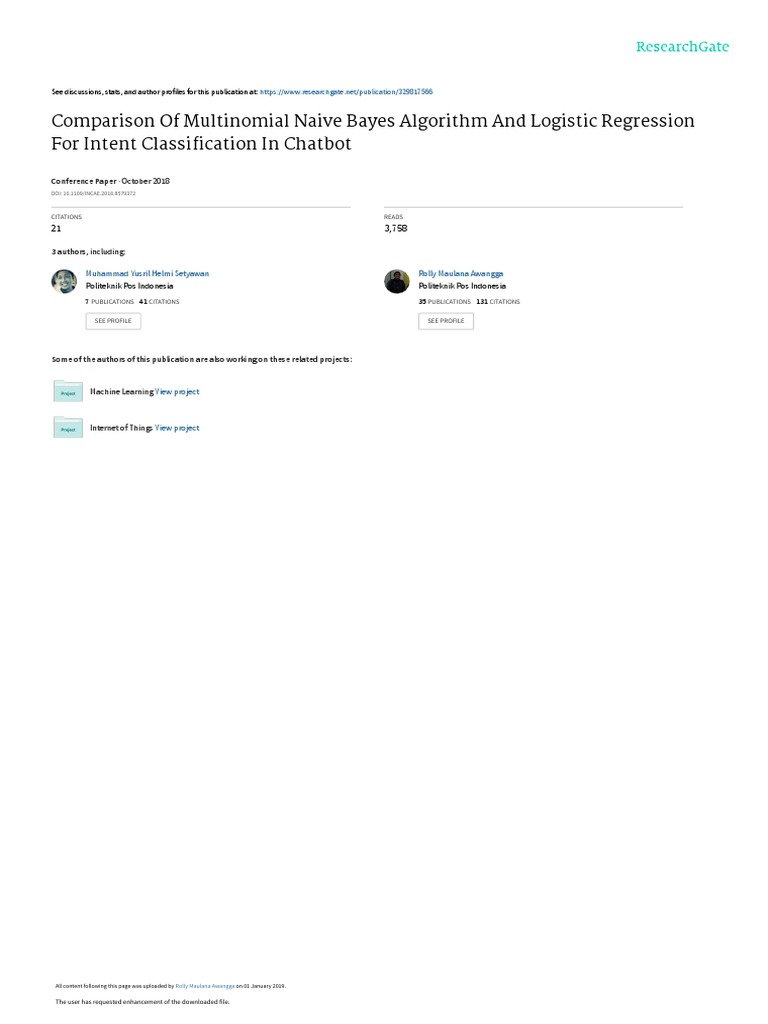 Comparison of Multinomial Naive Bayes Algorithm and Logistic Regression For Intent ...