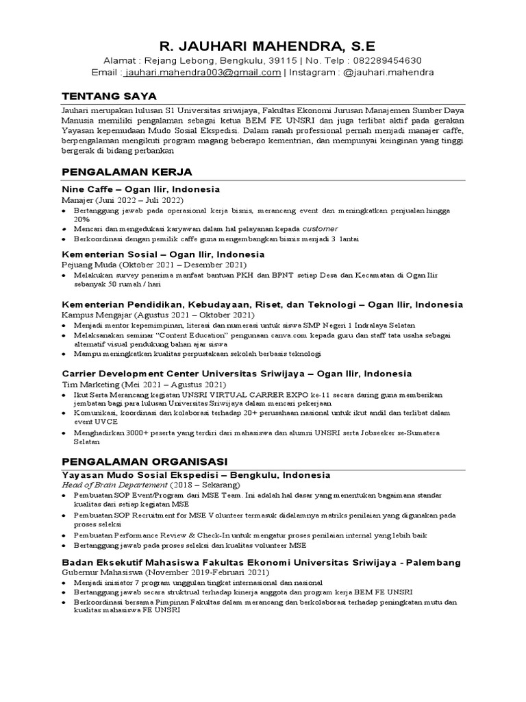 CV Pemasaran Jauhari Mahendra | PDF
