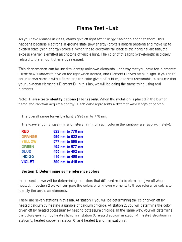 Flame Test Lab: Identifying Elements | PDF | Light | Color