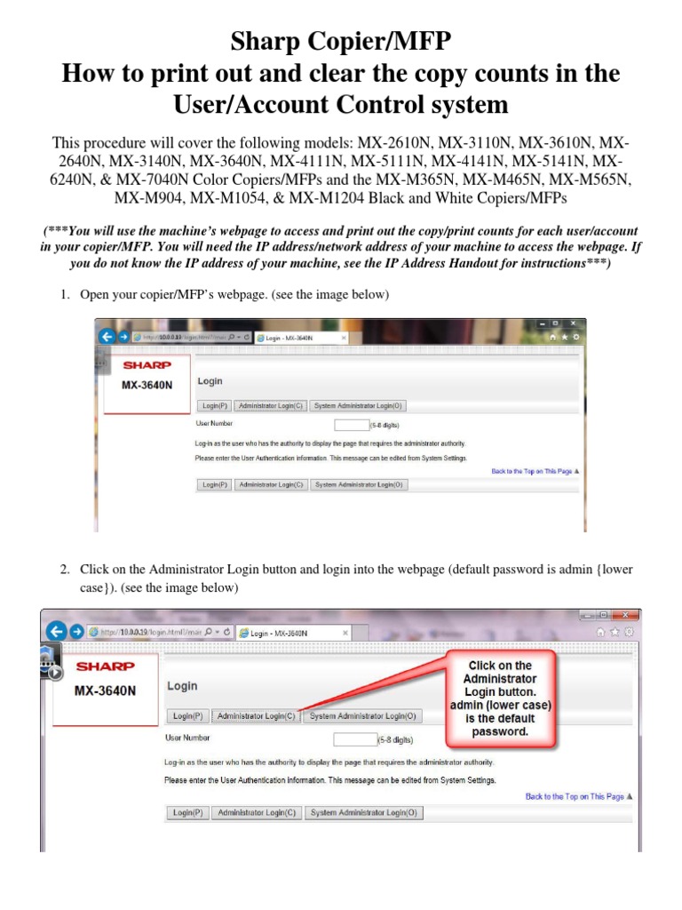 Sharp MFP How to print out and clear the copy counts in the User Account Control system | PDF ...