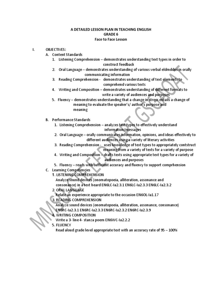A Detailed Lesson Plan in Teaching English Grade 6 Face To Face Lesson ...