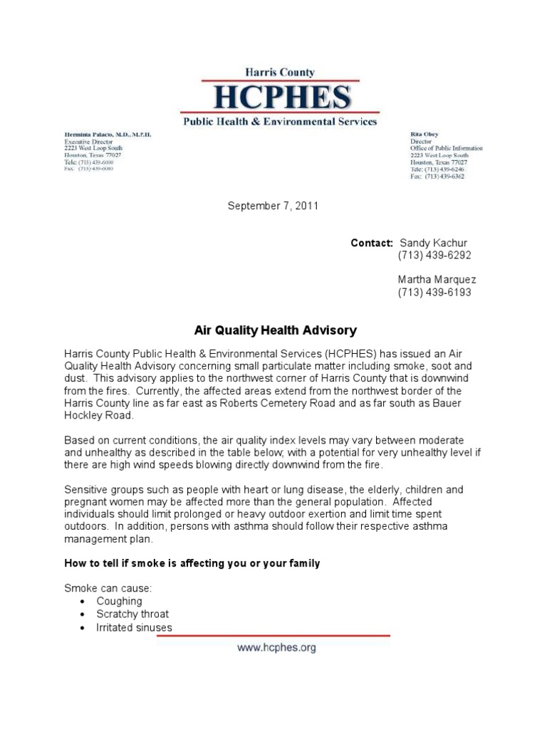 Harris County Health Advisory - Wildfires Sept. 7, 2011 | PDF | Air ...