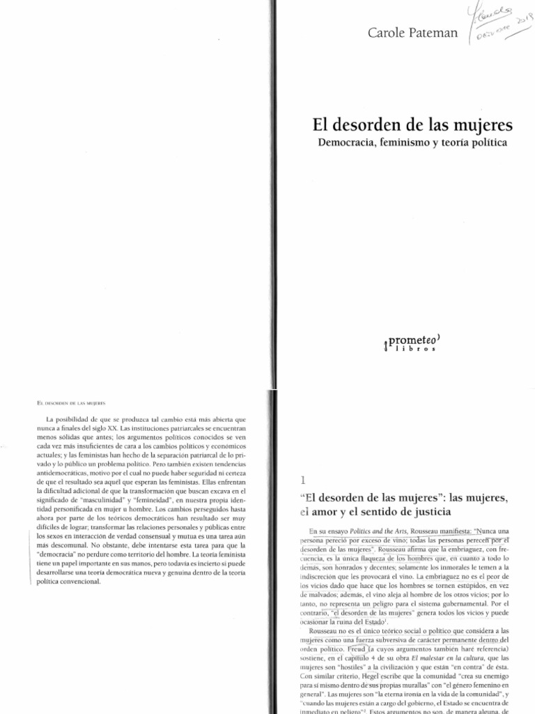 Pateman Carole El desorden de las mujeres Democracia, feminismo y ...
