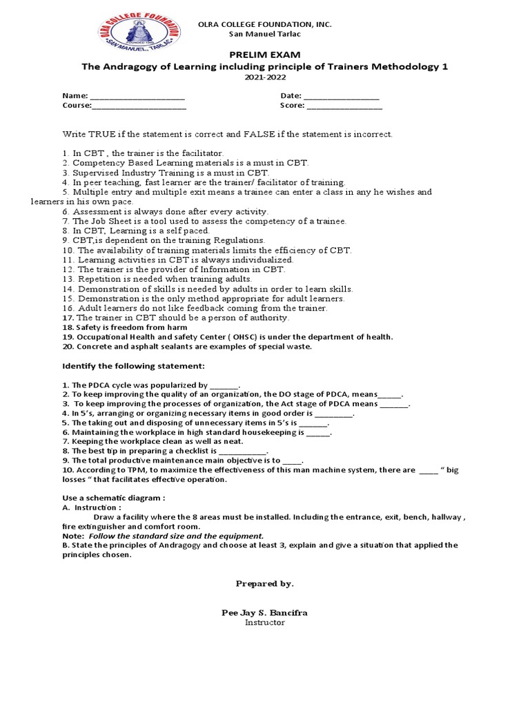 Prelim Exam The Andragogy of Learning Including Principle of Trainers Methodology 1 | PDF ...
