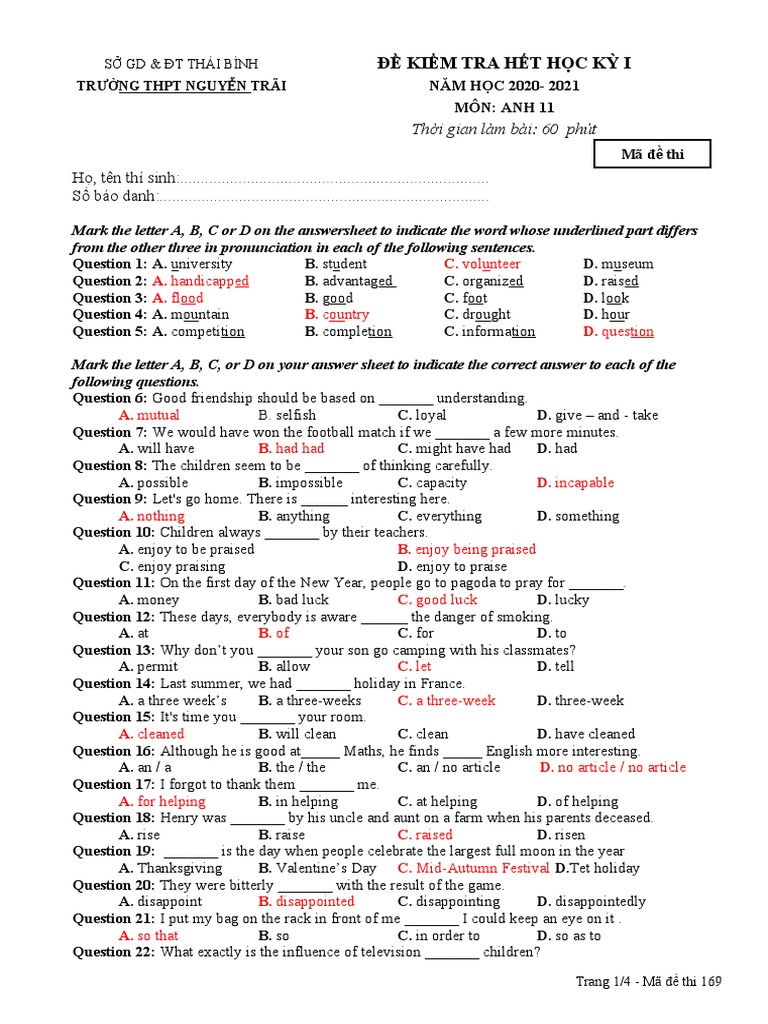 61494.Đề và Đ.A Kiểm tra Tiếng Anh 11 (đề số 02) cuối kỳ I (20-21) tr THPT Nguyễn Trãi | PDF ...