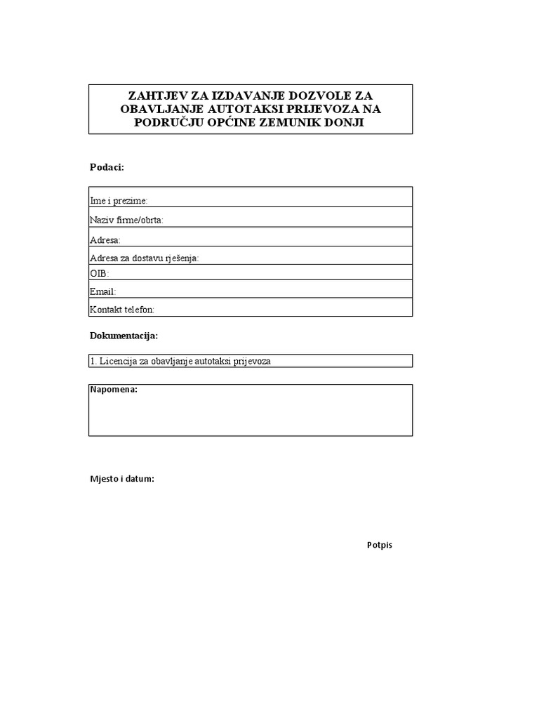 Taxi - Zahtjev Zemunik | PDF