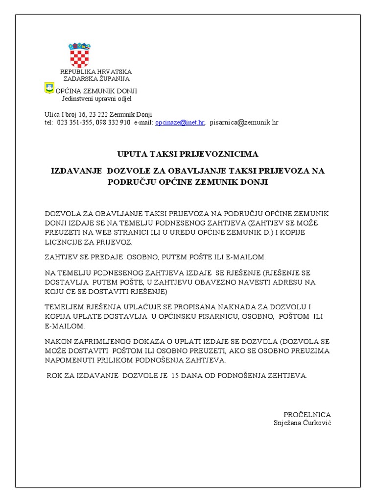 Uputa Taksi Prijevoznicima - Izdavanje Dozvole Za Obavljanje Taksi Prijevoza | PDF