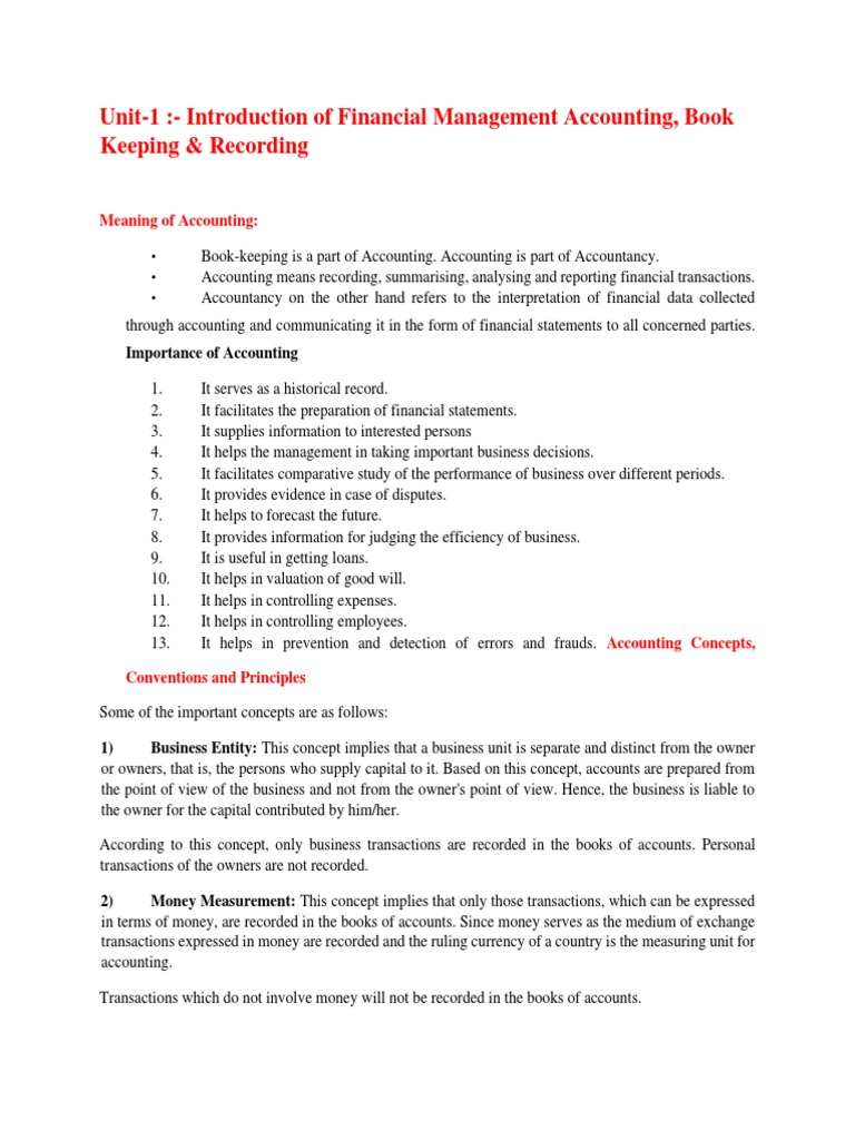 Unit-1:-Introduction of Financial Management Accounting, Book Keeping & Recording | PDF | Debits ...