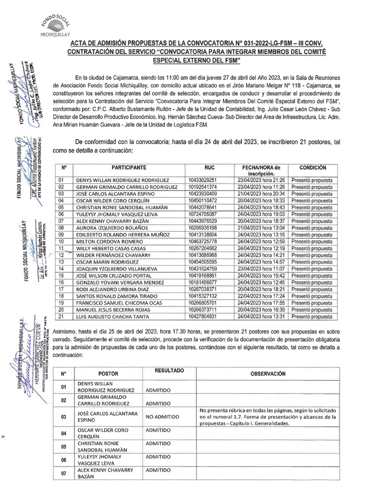 Acta de Admisión de Propuestas Conv. 31-2022 (III CONV) - Contratación de Comité Especial ...