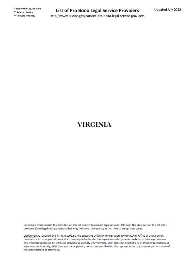 Virginia: List of Pro Bono Legal Service Providers | PDF | Washington | Justice