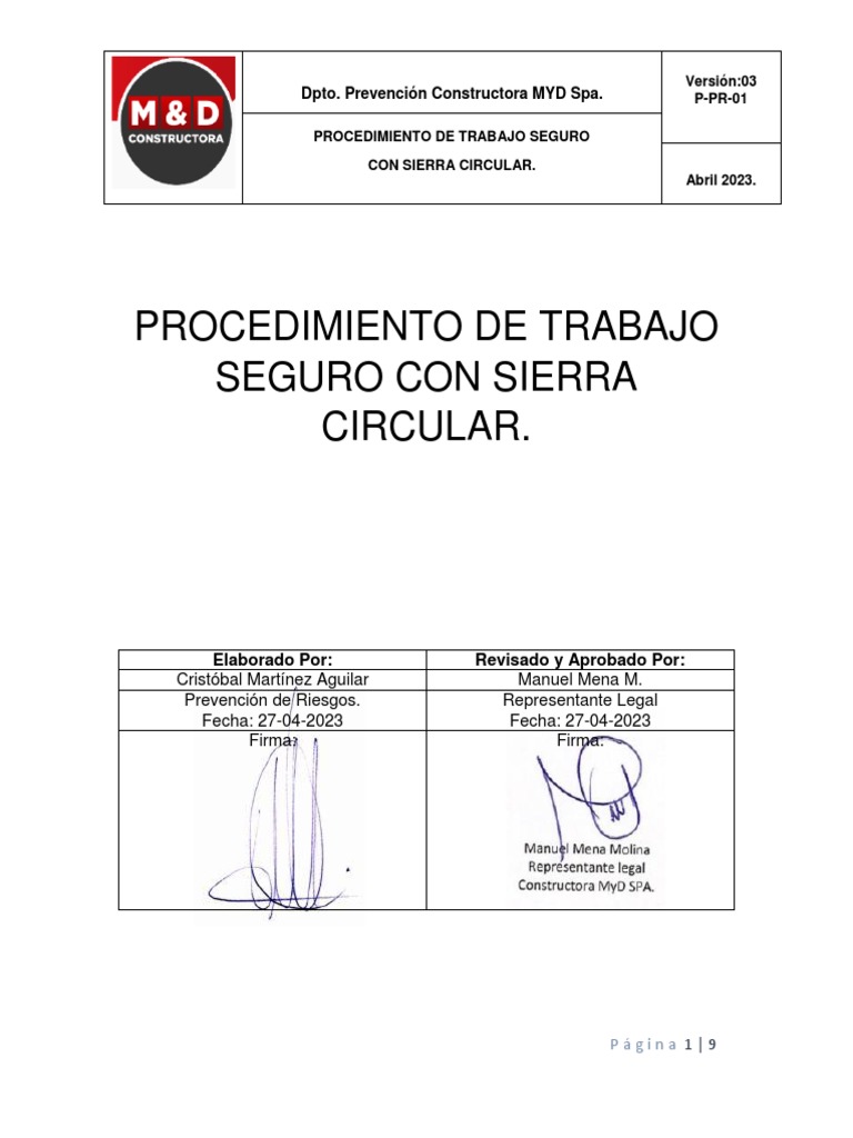Procedimiento de Trabajo Seguro Con Sierra Circular | PDF | Tornillo | Bienes manufacturados
