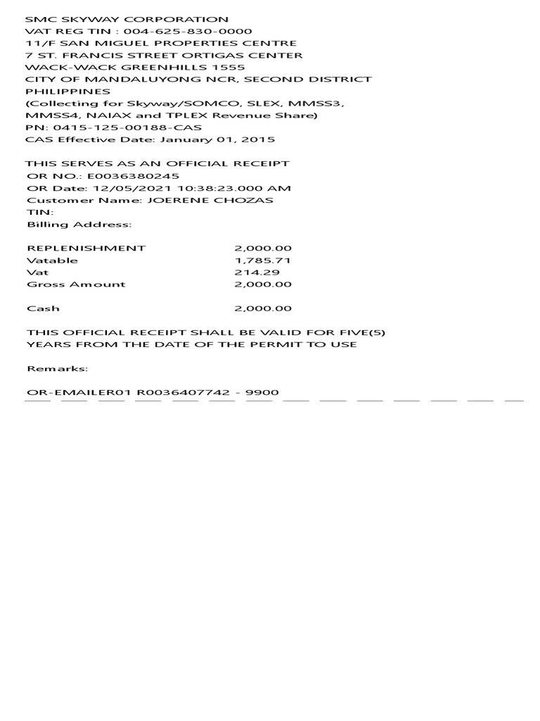 Official Receipt for SMC Skyway Payment | PDF