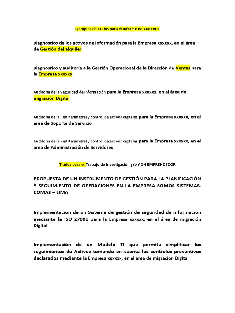 Ejemplos de Títulos para El Informe de Auditoria y Trabajos de ...